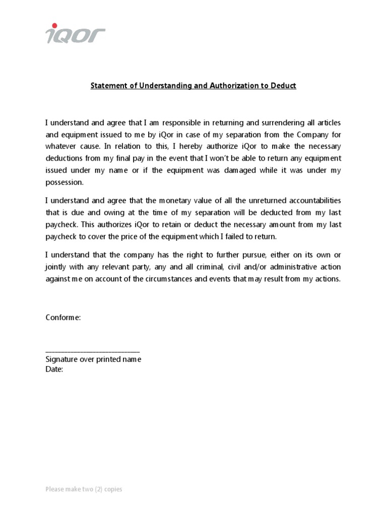 Authorization to Deduct Agreement | PDF | Finance & Money Management | Law