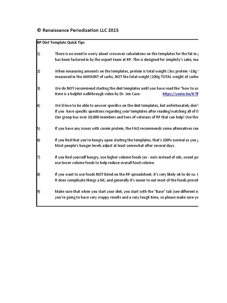 © Renaissance Periodization LLC 2015: RP Diet Template Quick Tips | PDF ...