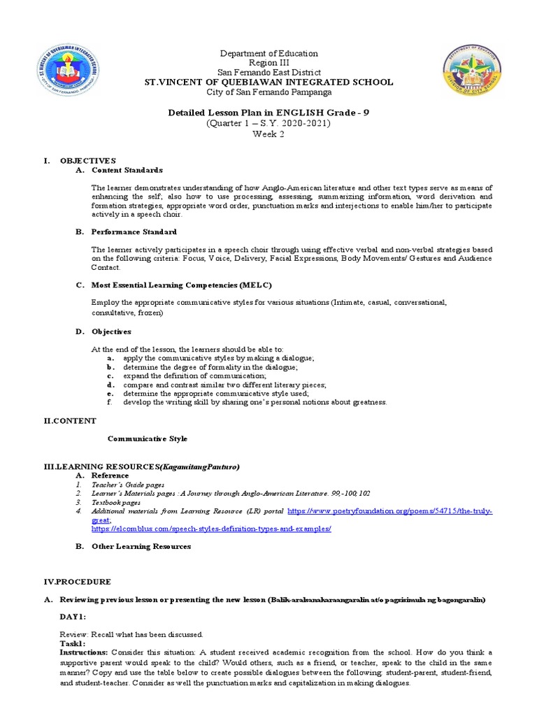 Detailed Lesson Plan in ENGLISH Grade - 9: (Quarter 1 - S.Y. 2020-2021 ...