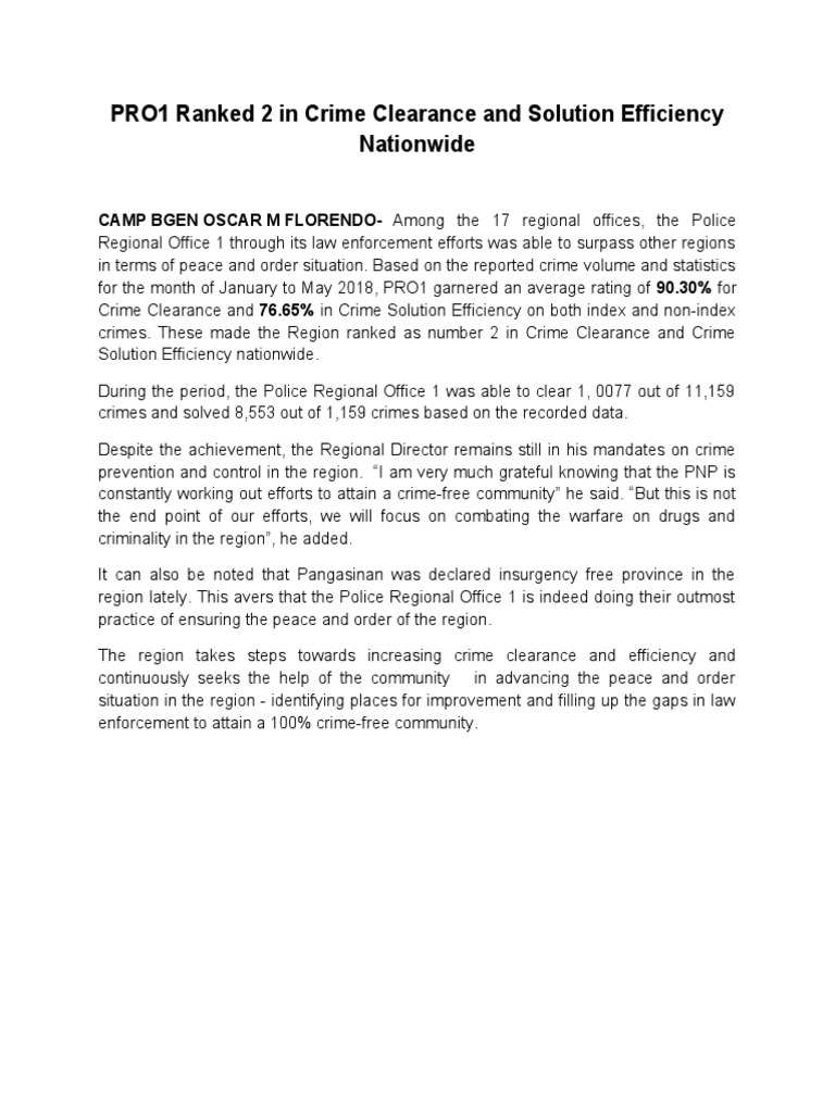 Press Release On Crime Clearance and Crime Solution Efficiency | PDF