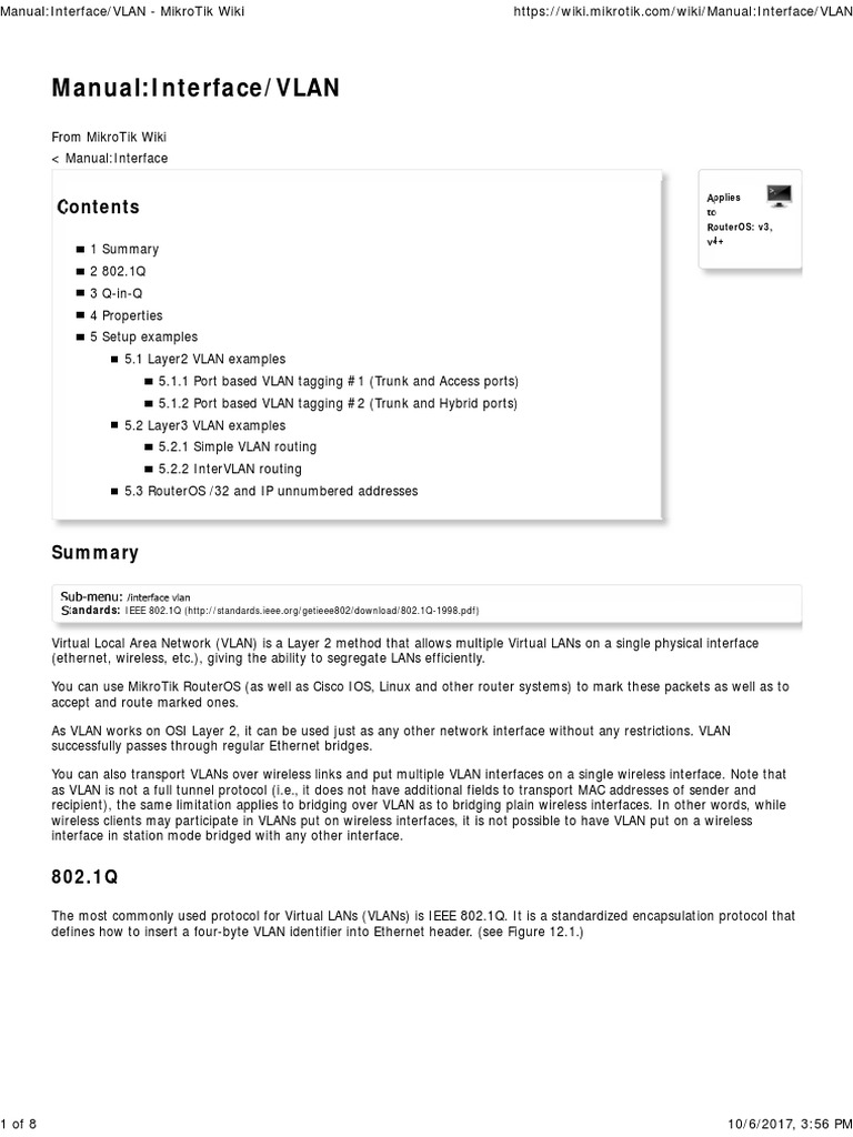 Manual - Interface - VLAN - MikroTik Wiki | PDF | Router (Computing) | Network Switch