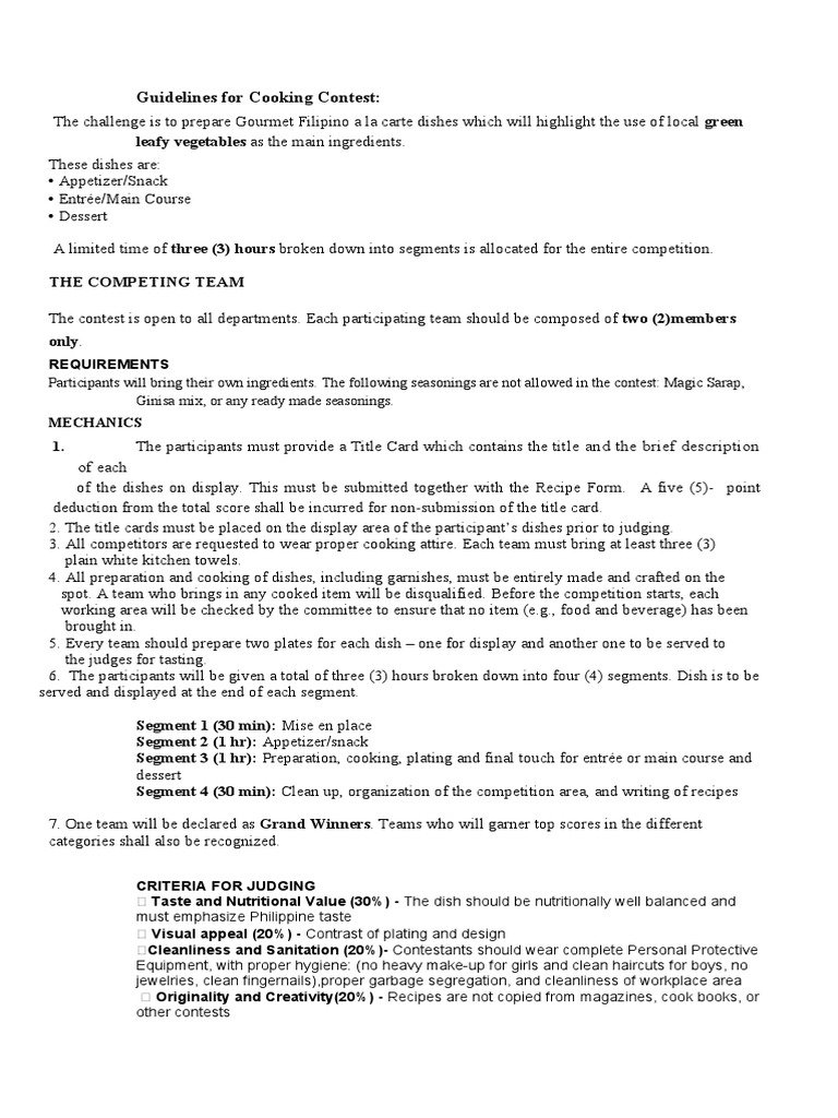 Guidelines For Cooking Contest | PDF | Hors D'oeuvre | Entrée