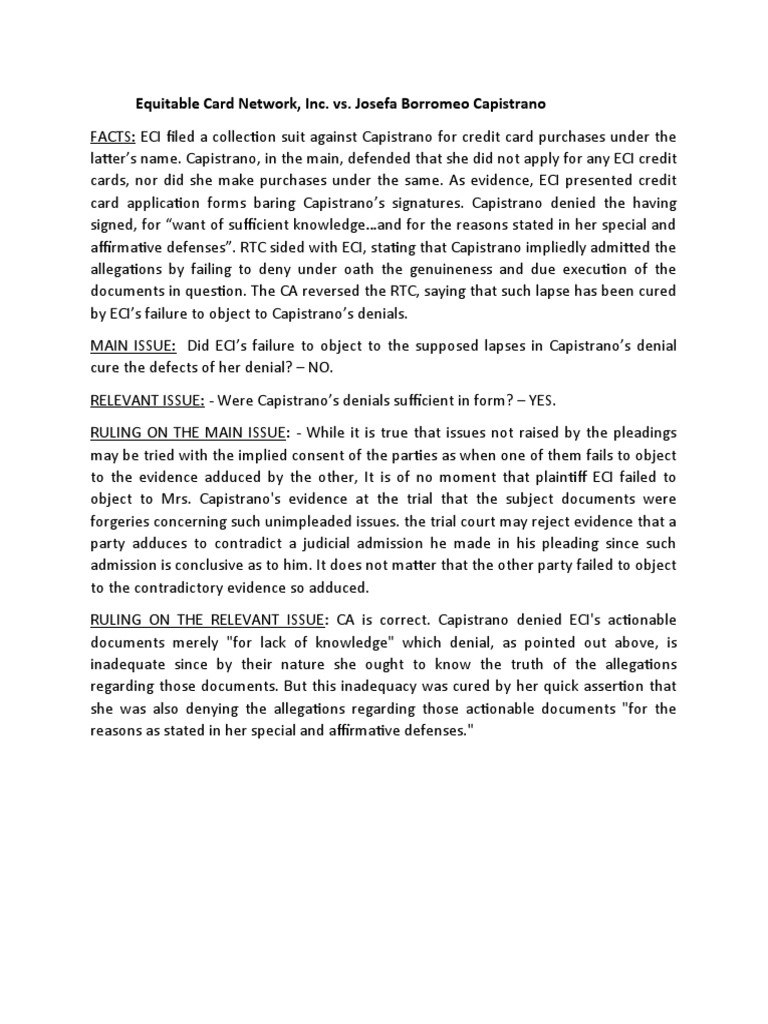 Equitable Card Network, Inc. vs. Josefa Borromeo Capistrano | PDF