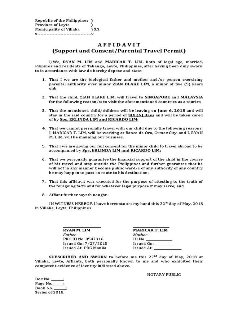 Affidavit of Parental Consent To Travel | PDF | Affidavit | Civil Law ...