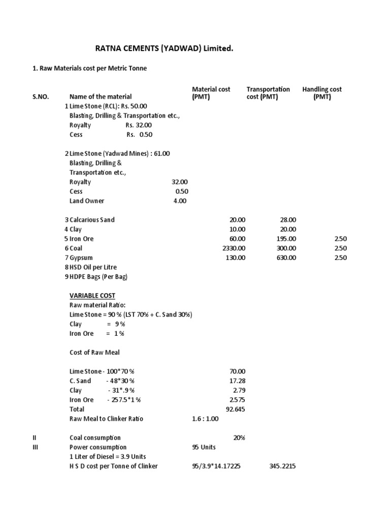 Ratna Cement Production Report & Cost | PDF | Cement | Materials