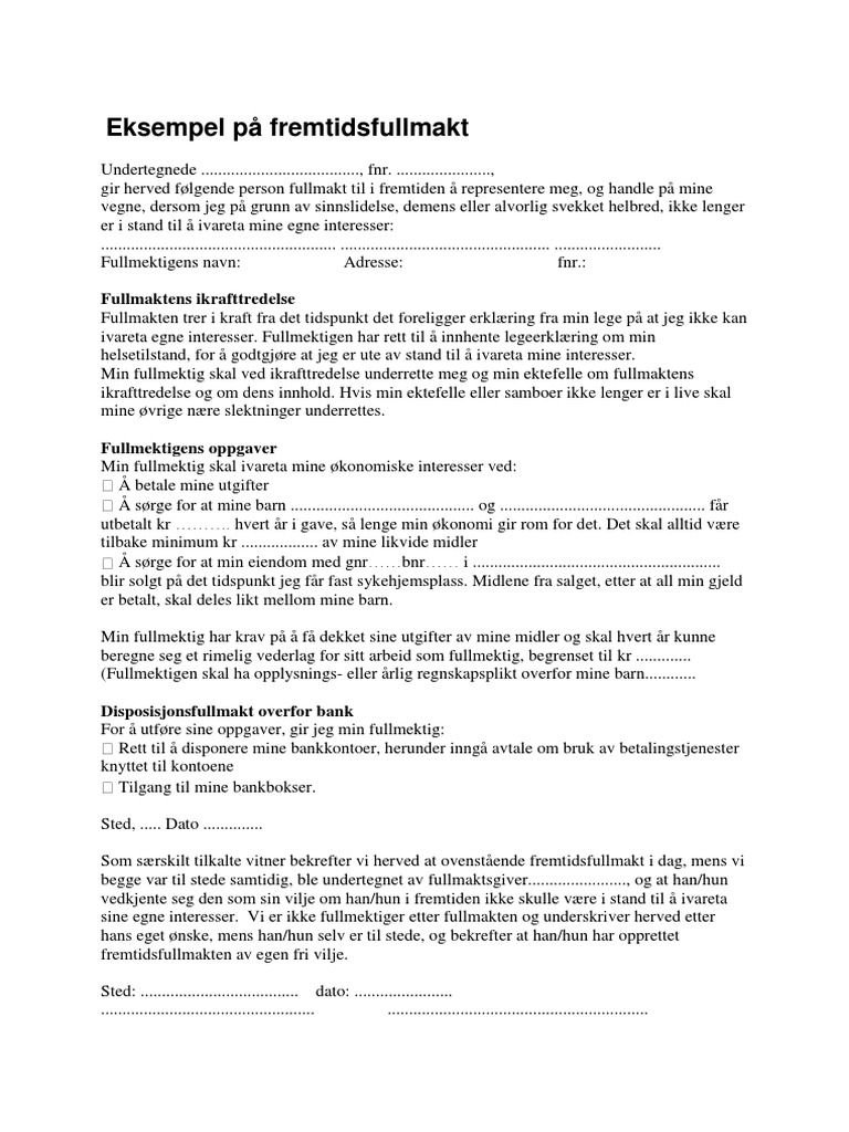 Eksempel Pa Fremtidsfullmakt PDF | PDF
