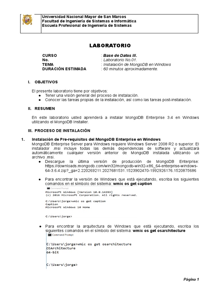 UNMSM BD3 LBD 01 Instalacion MongoDB | PDF | Mongo Db | Archivo de computadora