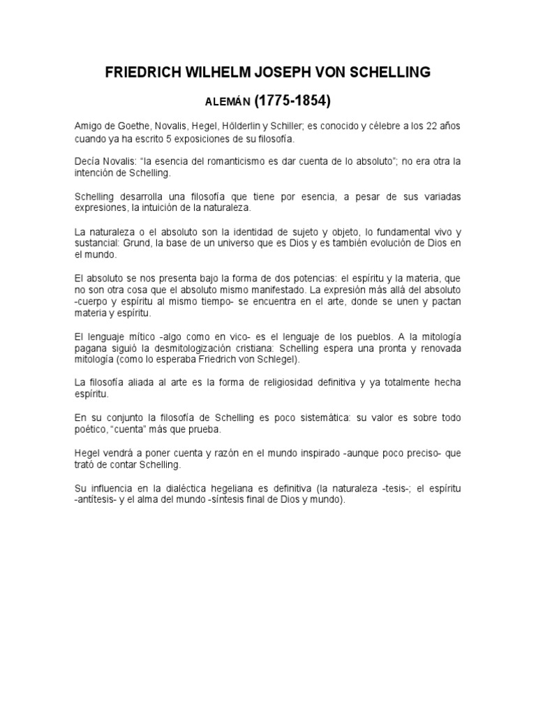 Filósofo alemán Friedrich Wilhelm Joseph von Schelling | PDF