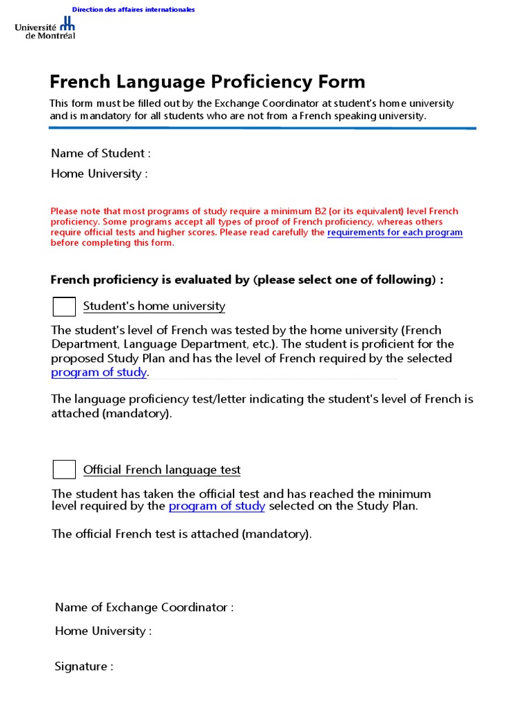 French Proficiency Requirements for Exchange | PDF
