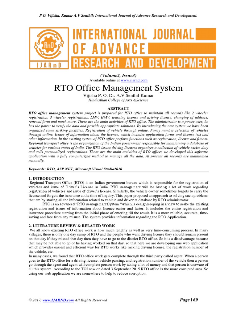 RTO Office Management System: Vijisha P. O, Dr. A.V Senthil Kumar | PDF ...