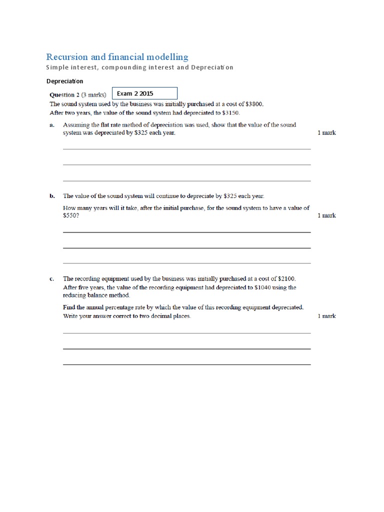 Recursion and Financial Modelling: Depreciation Exam 2 2015 | PDF ...