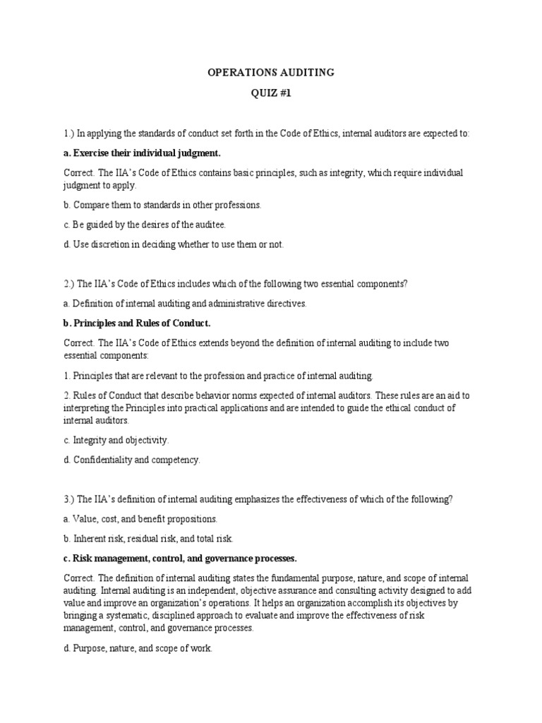 Operations Auditing Quiz #1: A. Exercise Their Individual Judgment | PDF | Internal Audit | Audit