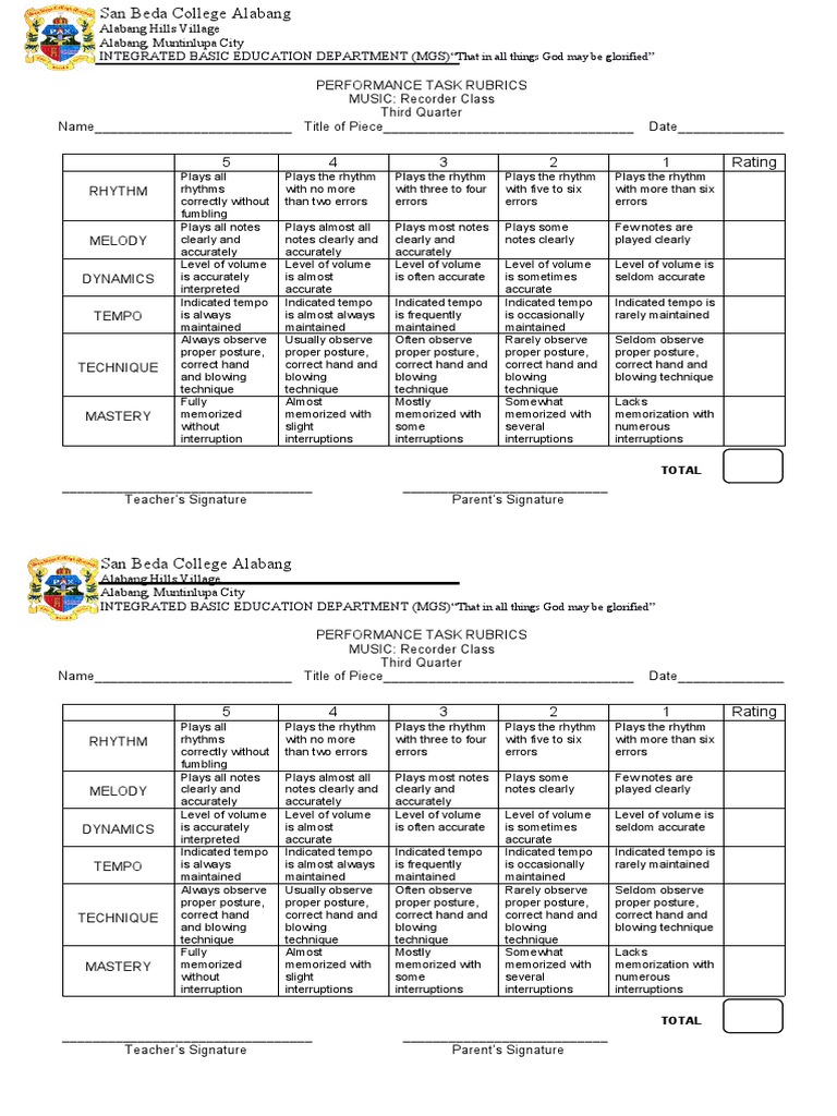 San Beda College Alabang recorder class rubric | PDF | Tempo | Music Theory