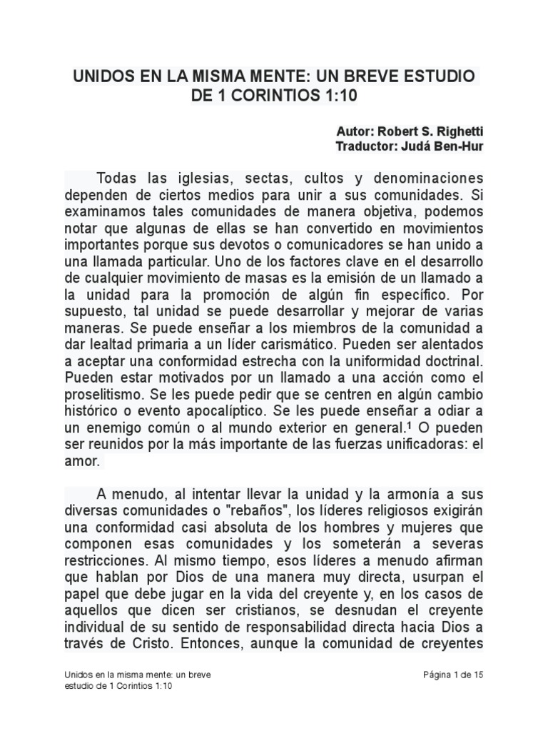 Unidos en La Misma Mente Un Breve Estudio de 1 Corintios 1 10 | PDF | Primera epístola a los ...
