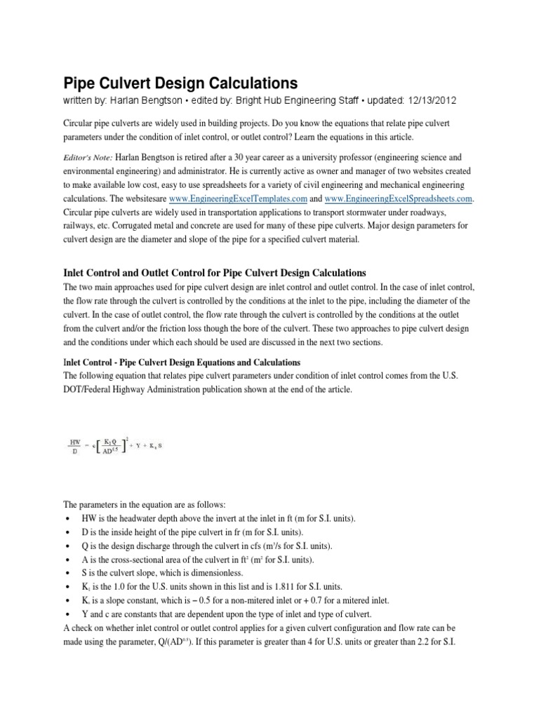 Pipe Culvert Design Calculations PDF | PDF