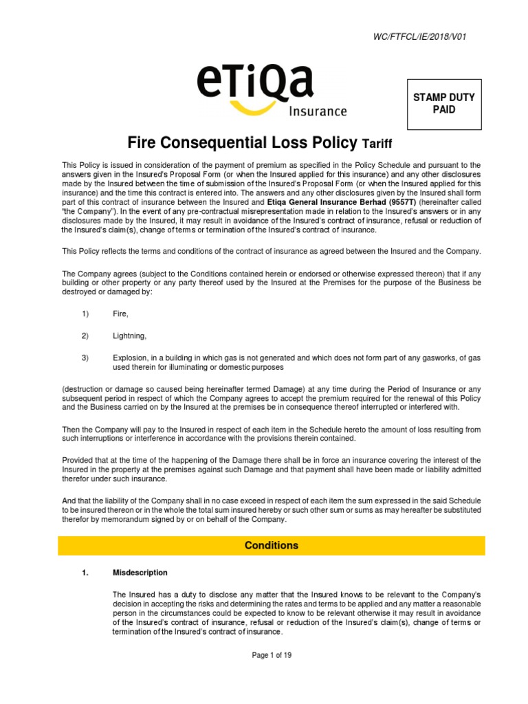 06 Policy Wordings FIRE CONSEQUENTIAL LOSS Insurance | PDF | Indemnity ...