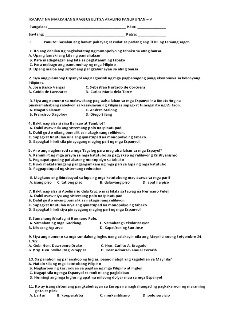 Ikaapat Na Markahang Pagsusulit Sa Araling Panlipunan | PDF