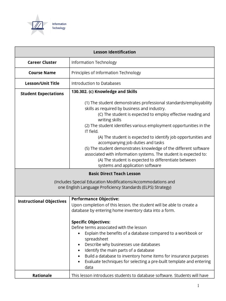 Lesson Plan Introduction To Databases | PDF | Information Retrieval | Databases