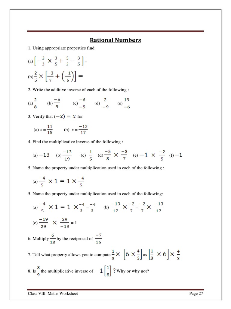 Rational Numbers: Class VIII. Maths Worksheet | Download Free PDF ...