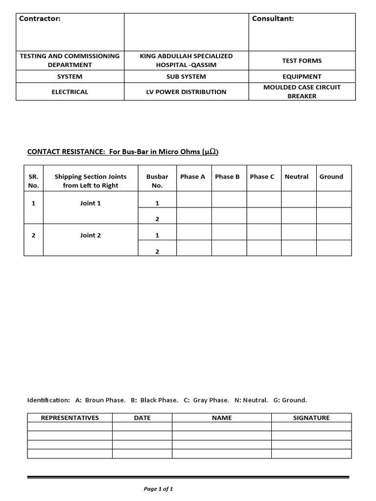 MDB Busbar Contact Test Format 1 | PDF