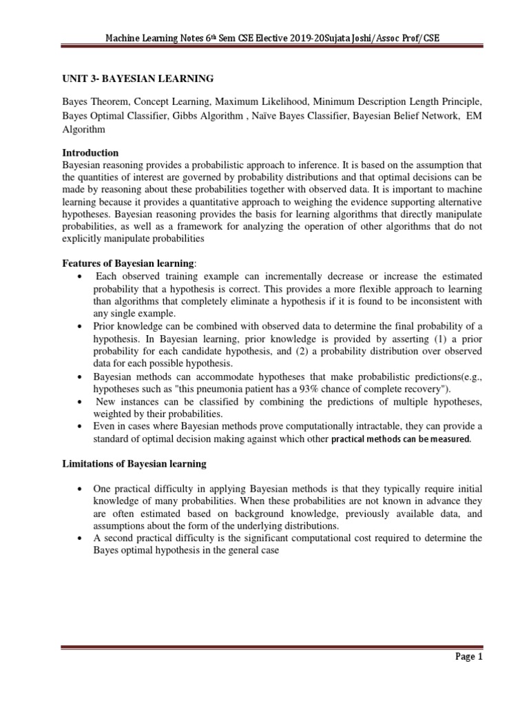 Bayesian Learning Unit 3 PDF | PDF | Bayesian Network | Bayesian Inference Bayesian Learning Unit 3 PDF | PDF | Bayesian Network | Bayesian Inference