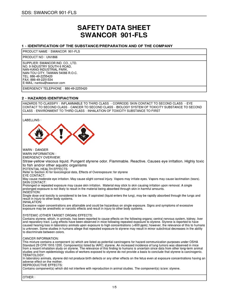 Safety Data Sheet Swancor 901-Fls | PDF | Dangerous Goods | Firefighting