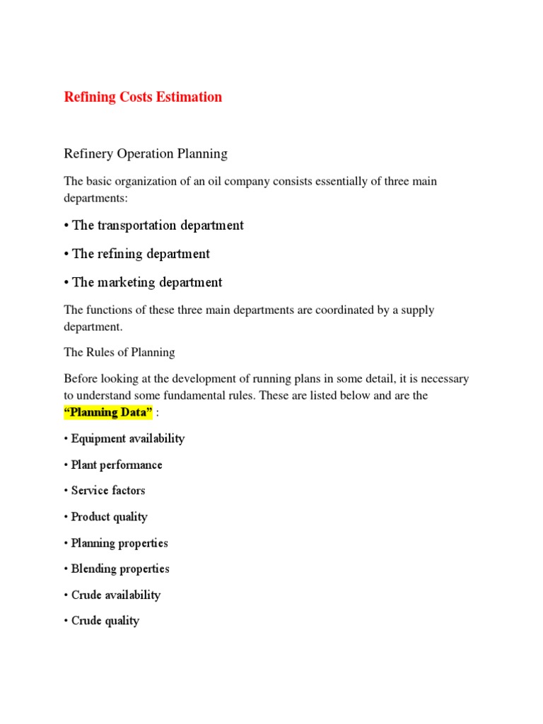 Refining Costs Estimation: Refinery Operation Planning | PDF