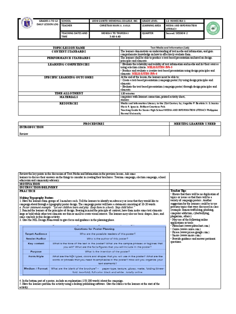 Topic/Lesson Name Content Standards Performance Standards Learning ...