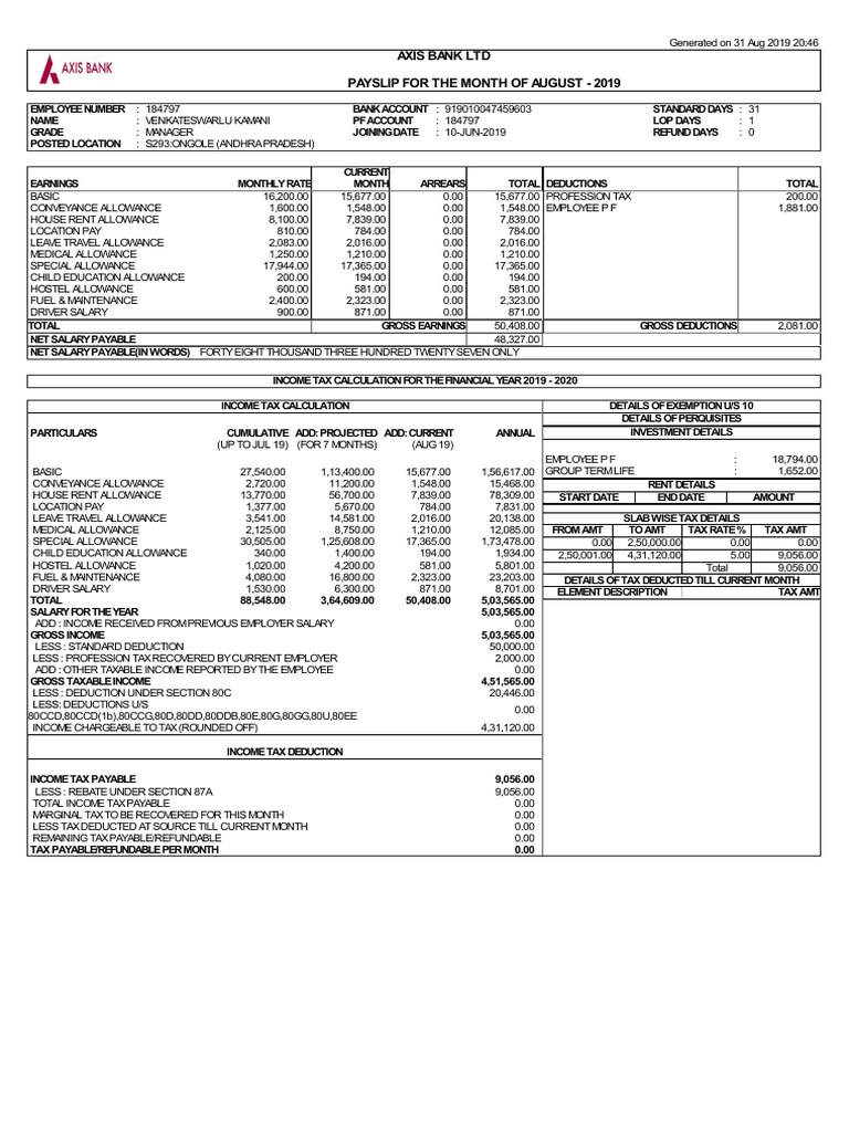 Axis Bank LTD Payslip For The Month of August - 2019 | PDF ...