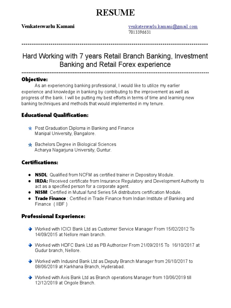 Resume For Bank Job