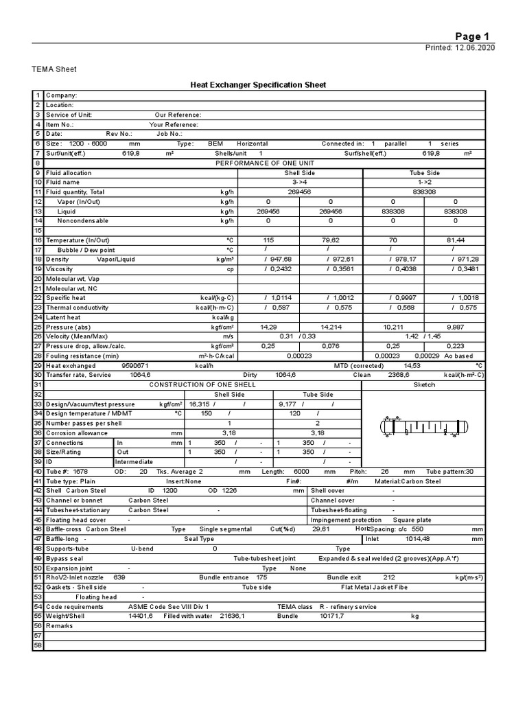 Heat Exchanger Specification Sheet | PDF | Heat Exchanger | Pipe (Fluid ...
