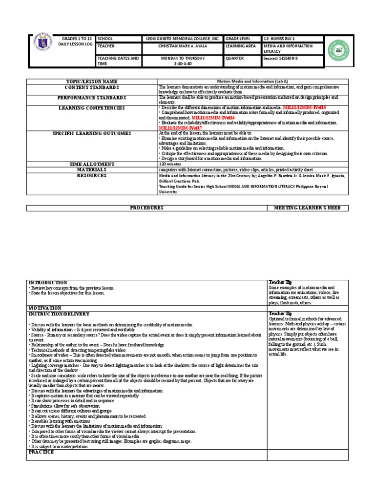 Topic/Lesson Name Content Standards Performance Standards Learning ...