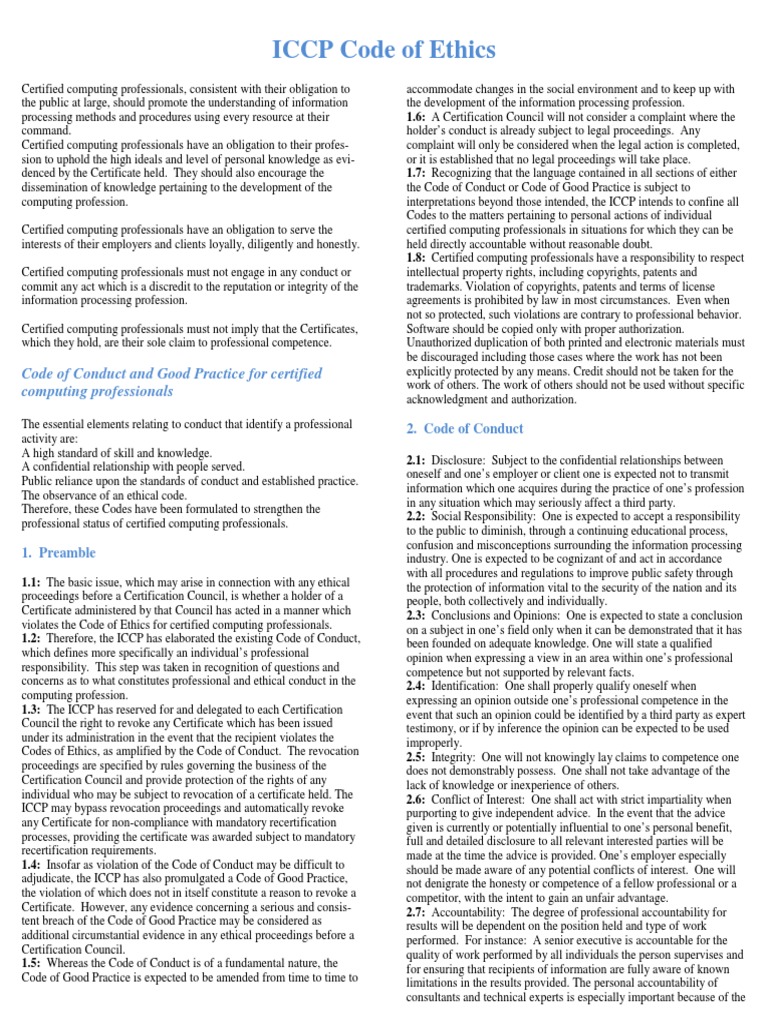 Iccp Code of Ethics | PDF | Intellectual Property | Confidentiality