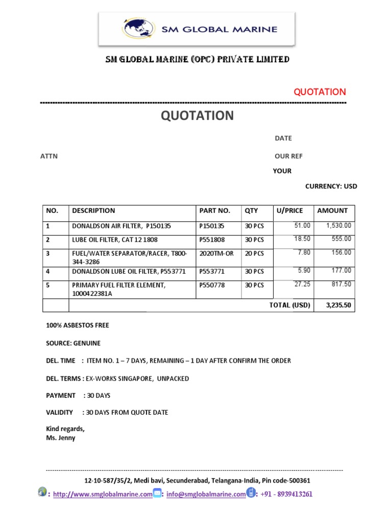 Quotation: SM Global Marine (Opc) Private Limited SM Global Marine (Opc ...