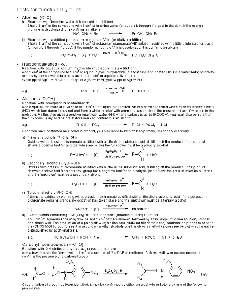 Tests For Functional Groups: - Alkenes (C-C) | PDF | Aldehyde | Atoms