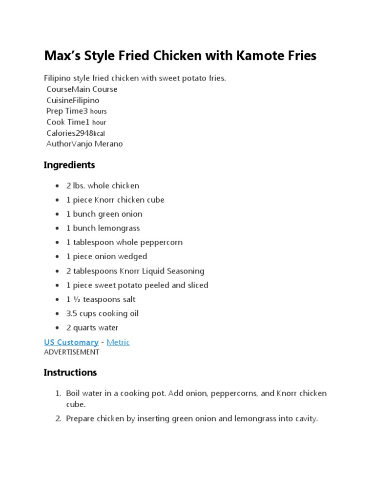 Max's Style Fried Chicken With Kamote Fries | PDF