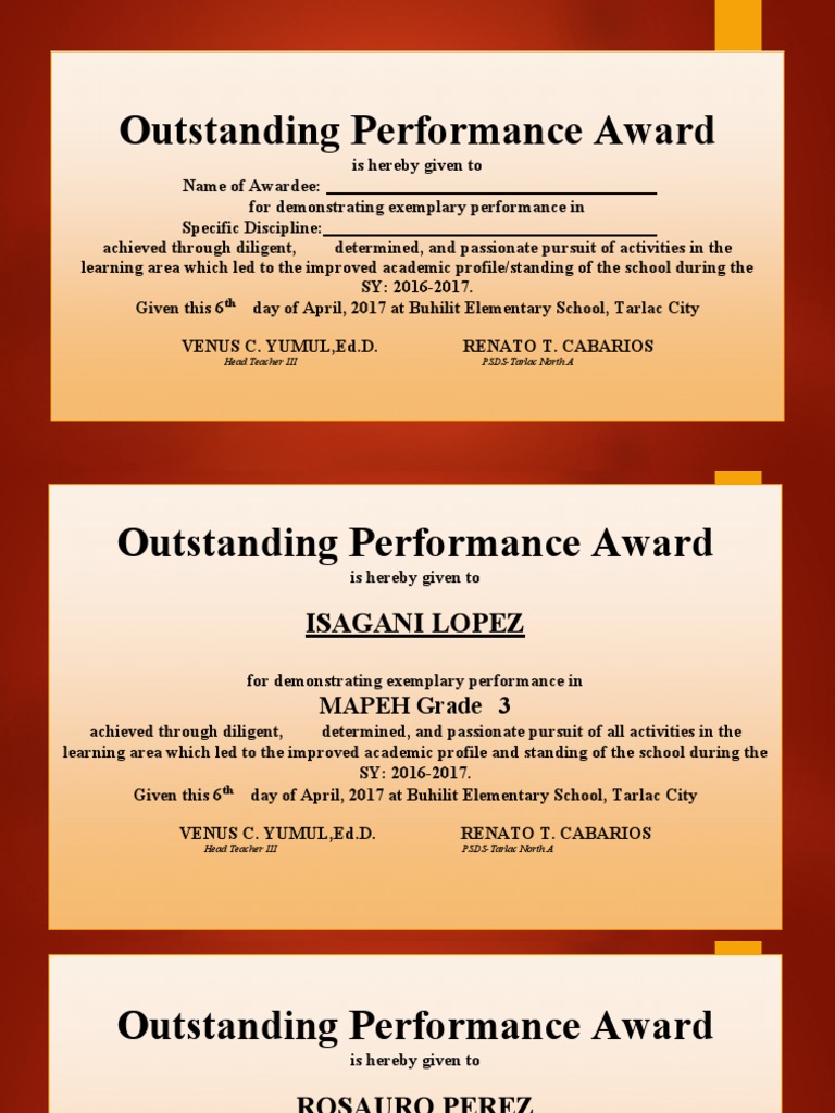 Outstanding Performance Award: Head Teacher III PSDS-Tarlac North A ...