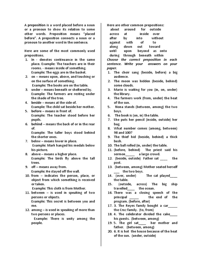 Choose The Correct Preposition in Each Sentence. Write Your Answers On ...