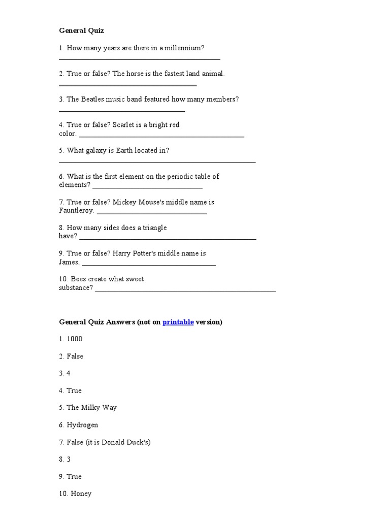 General Quiz: Printable | PDF