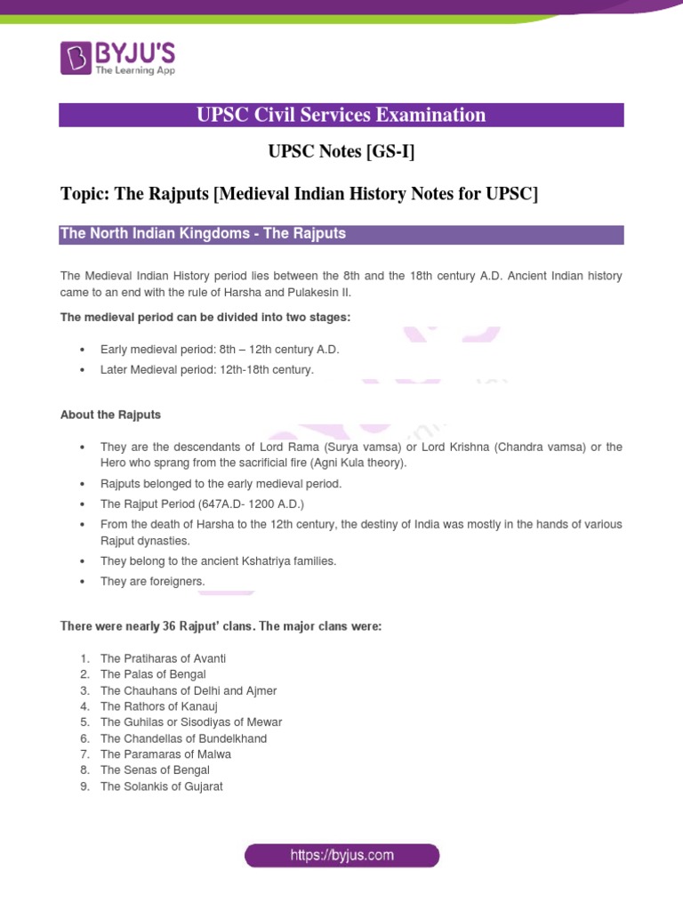 UPSC Civil Services Examination: UPSC Notes (GS-I) Topic: The Rajputs ...