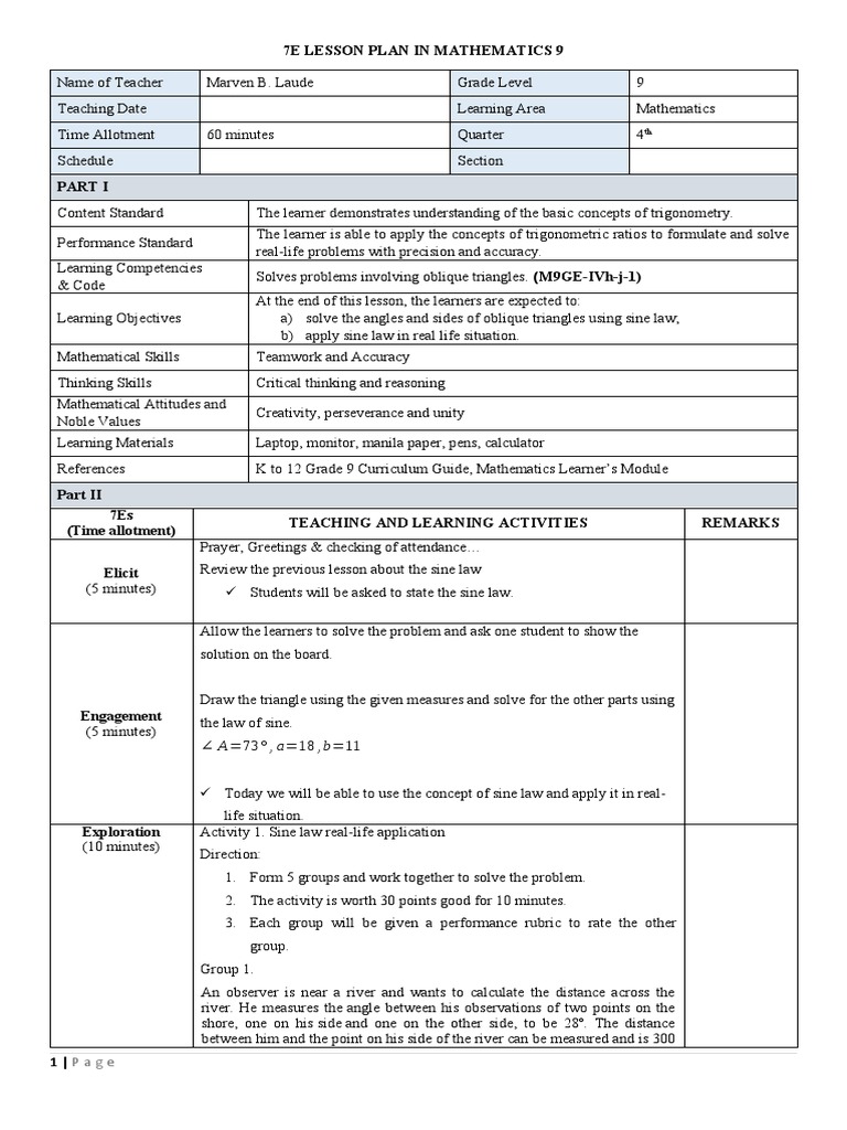 7E Lesson Plan in Mathematics 9 | PDF | Trigonometry | Sine