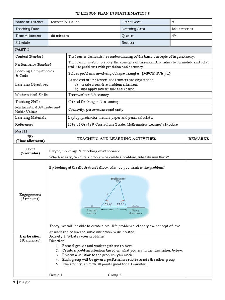 7E Lesson Plan in Mathematics 9 | PDF | Trigonometry | Trigonometric ...