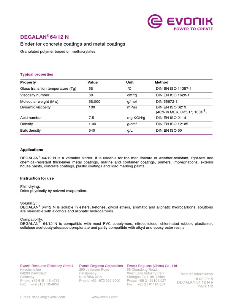 Degalan 64/12 N: Binder For Concrete Coatings and Metal Coatings | PDF ...