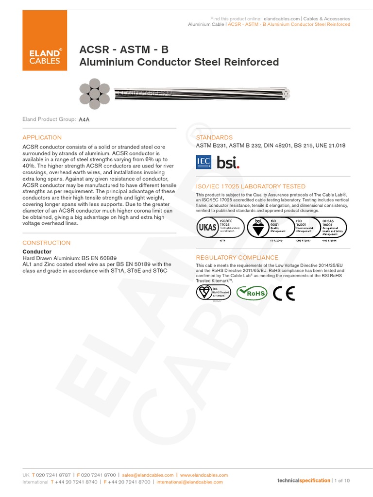 Acsr Astm B Aluminium Conductor Steel Reinforced | PDF | Force ...