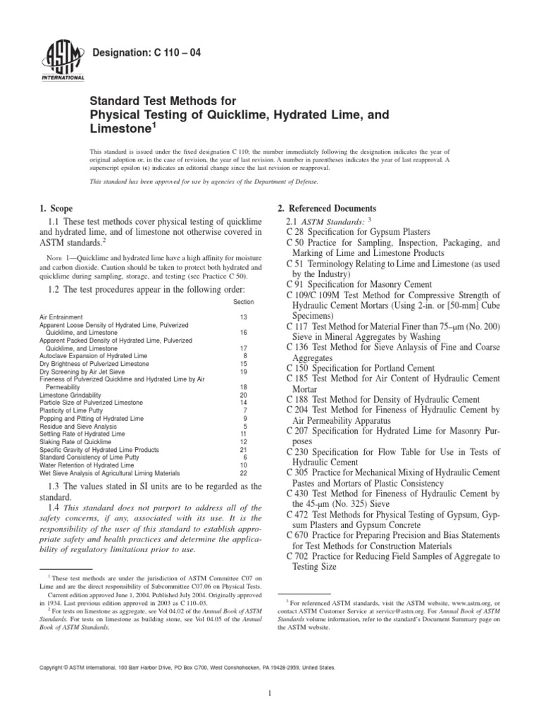 Physical Testing of Quicklime, Hydrated Lime, and Limestone: Standard ...