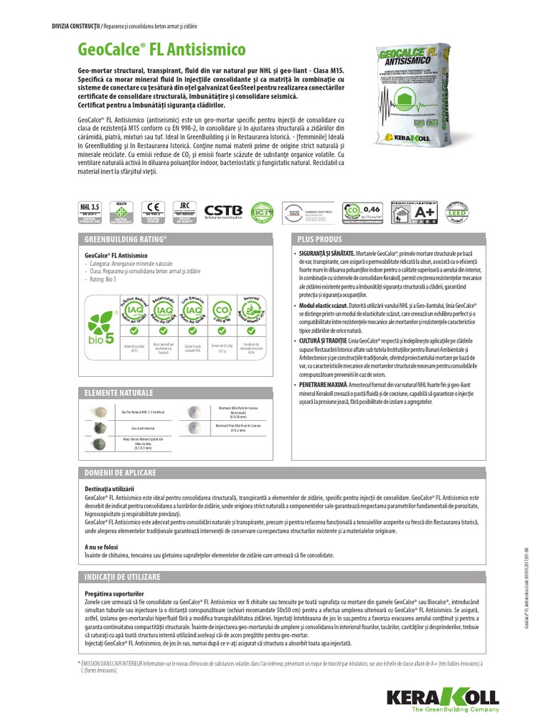 Fișă Tehnică - Material de Injectare GeoCalce FL Antisismico - Ro | PDF