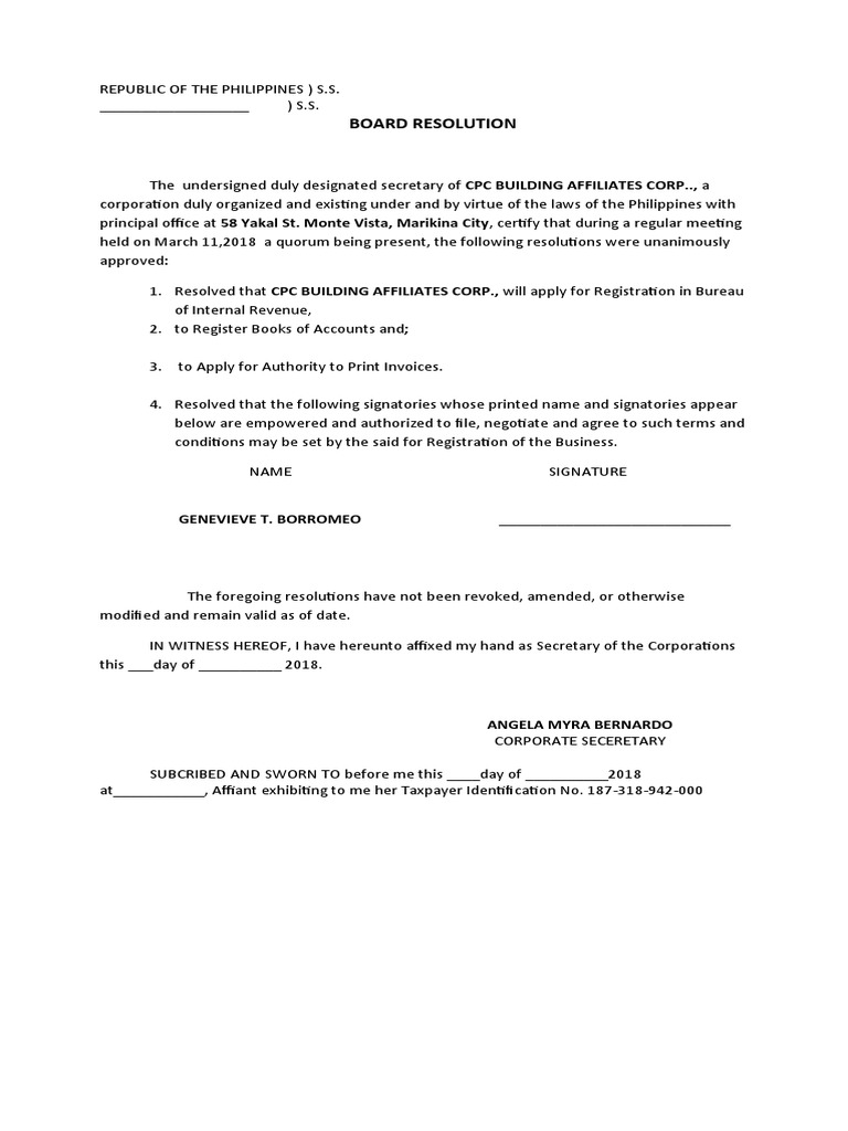 CPC Building Affiliates Corp. Board Resolution | PDF