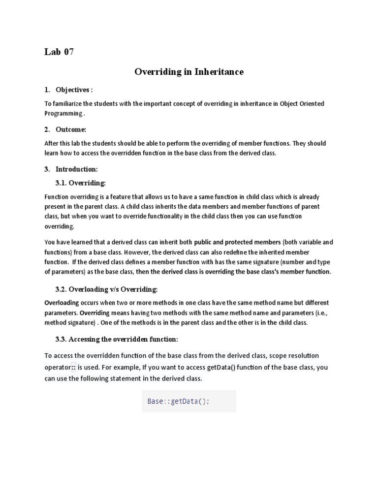 Lab 07 Overriding In Inheritance 1 Objectives Pdf Inheritance Object Oriented Programming 9618