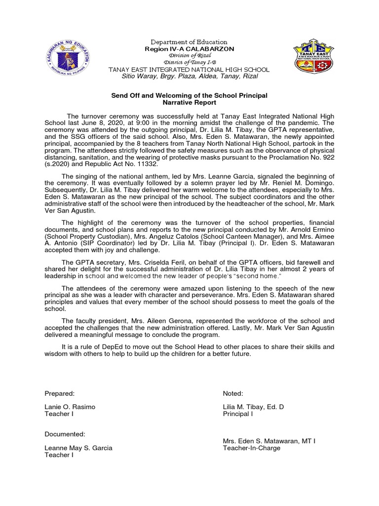 Principal Turnover Ceremony Report | PDF | Social Science | Wellness