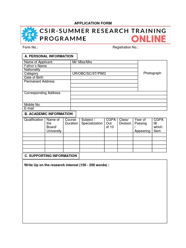 Application Form For CSIR Summer Training Programme 2020 | PDF